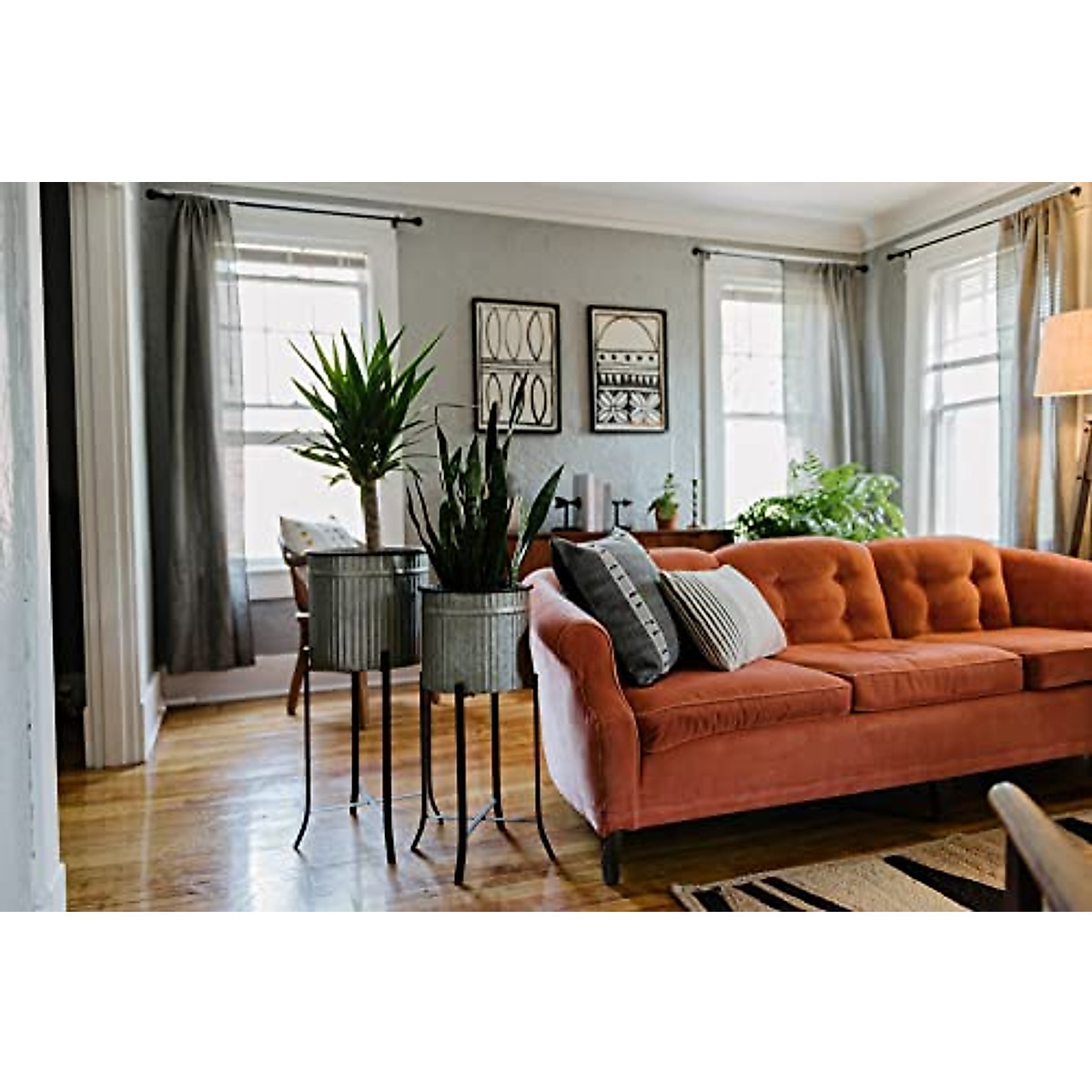 Creative Co-Op Farmhouse Round Corrugated Metal Planters on Stands, Set of 2 Sizes, Silver and Black