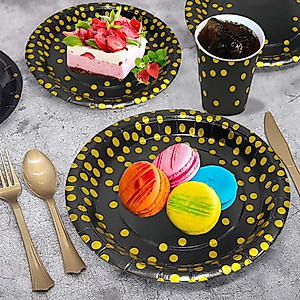 New Years Eve Party Supplies 2025 Christmas Decorations Party Plates Napkins Set Black and Gold Party Supplies 350 Pcs Disposable Paper Plates Napkins Gold Fork Knives Spoon, Serves 50