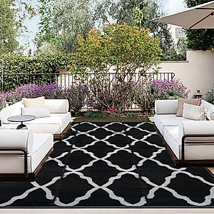 OutdoorLines Outdoor Plastic Area Rugs for Patio 5x8 ft - Reversible Outside Carpet, Stain & UV Resistant RV Mats, Straw Rug for Camping, Deck Garden, Porch and Balcony, Moroccan Black & Light Grey
