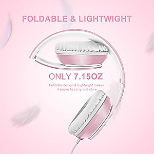 LORELEI X6 Over-Ear Headphones with Microphone, Lightweight Foldable & Portable Stereo Bass Headphones with 1.45M No-Tangle, Wired Headphones for Smartphone Tablet MP3 / 4 (Pearl Pink)
