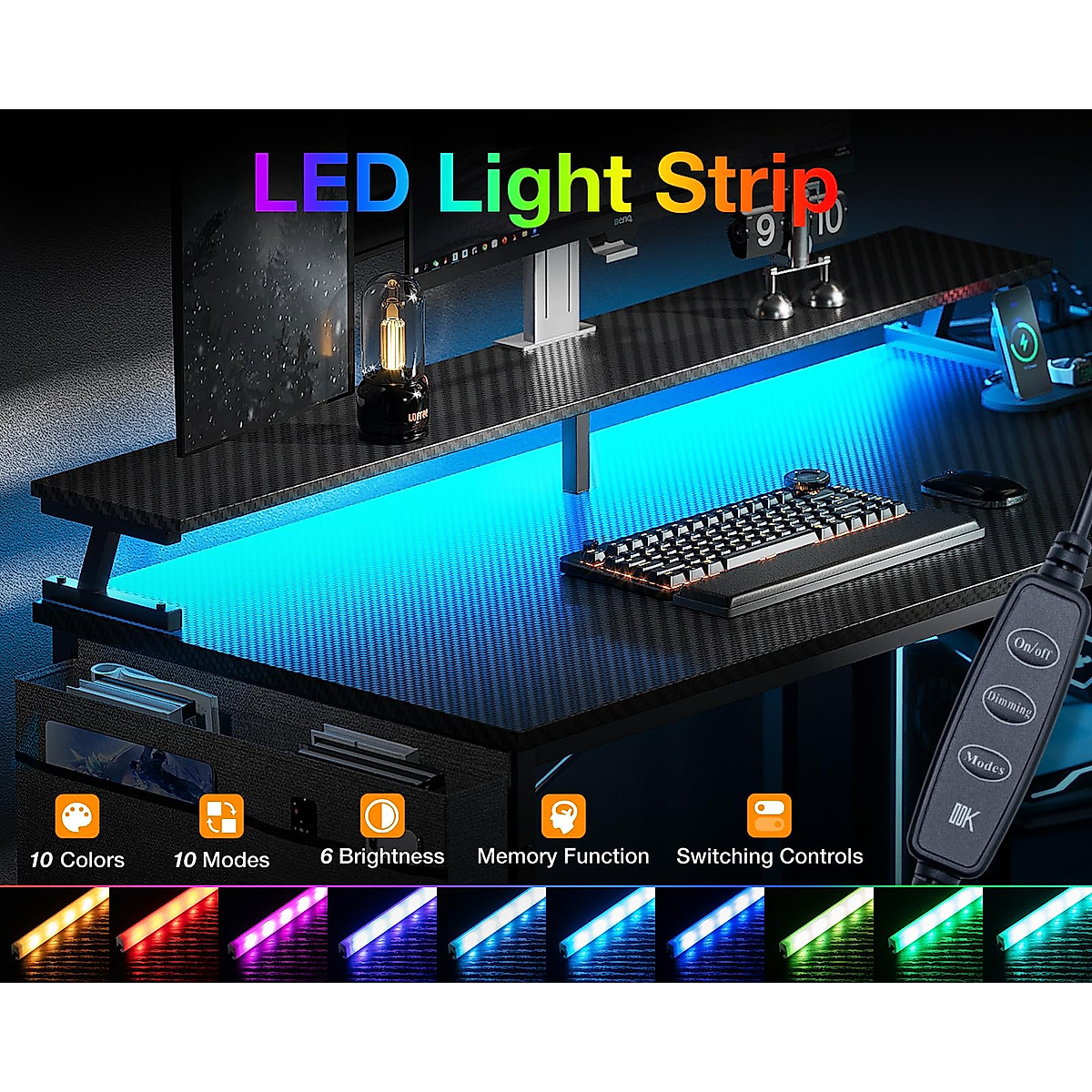 ODK 48 Inch Gaming Desk with USB Charging Ports and LED Lights, Reversible L Shaped Computer Desk with Storage Shelves & Monitor Stand, Corner Gamer Desk Table with Power Outlets, Black