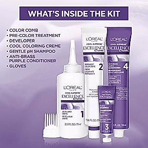 L'Oreal Paris Excellence Cool Supreme Permanent Hair Color, Ash, 100 Percent Gray Coverage Hair Dye, Anti-Brass regimen includes gentle shampoo, and an anti-brass conditioner