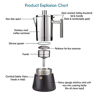 Easyworkz Diego Stovetop Espresso Maker, Bundled With Stainless Steel Espresso Cup 2pcs Set Double Wall Insulated Metal Demitasse Cups