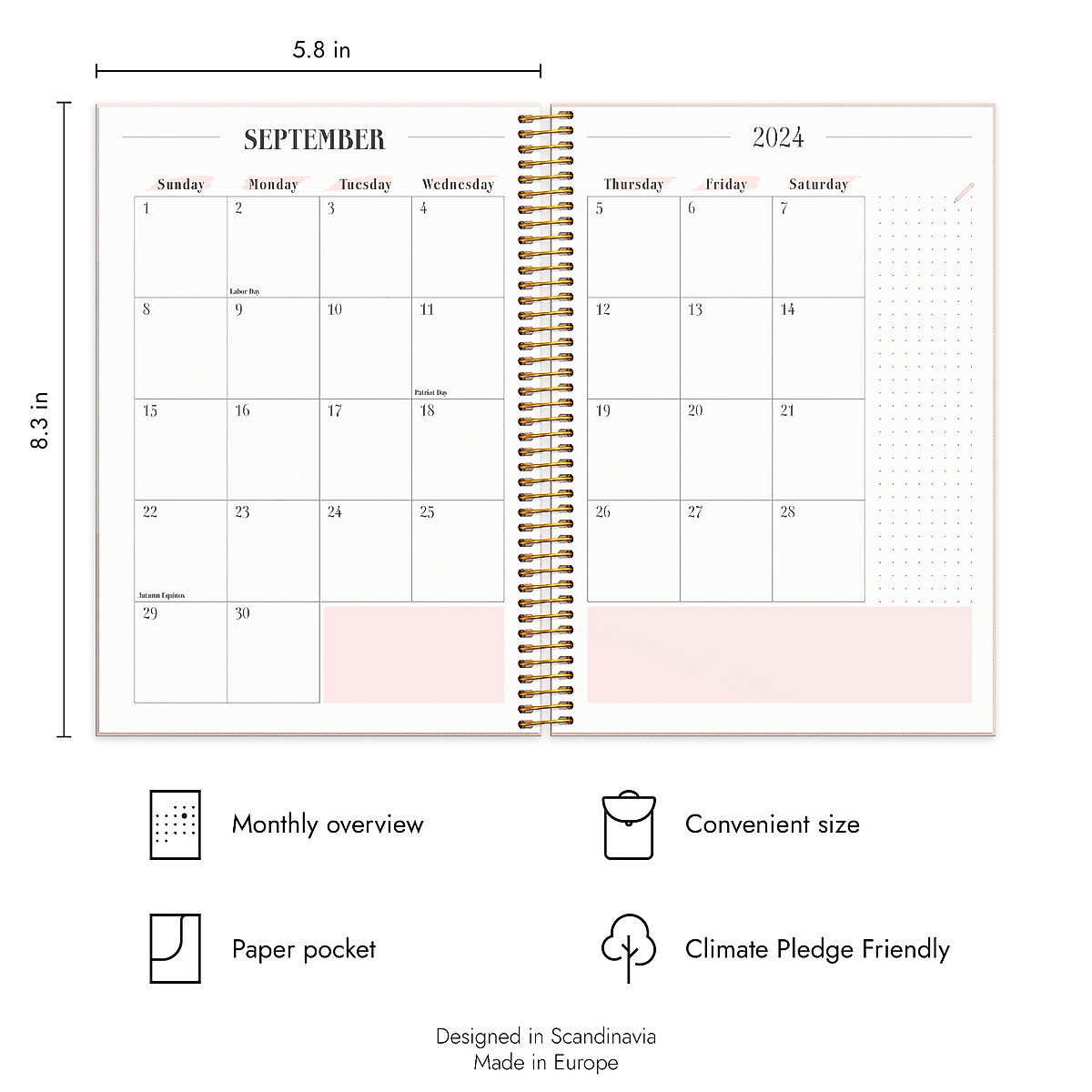 Burde Planner 2024 | Daily & Weekly Planner | Life Planner Pink Horizontal | 18 December 2023-5 January 2025 | Hardcover & Spiralbound A5 Format | Monthly & Yearly Overview | Stickers Included