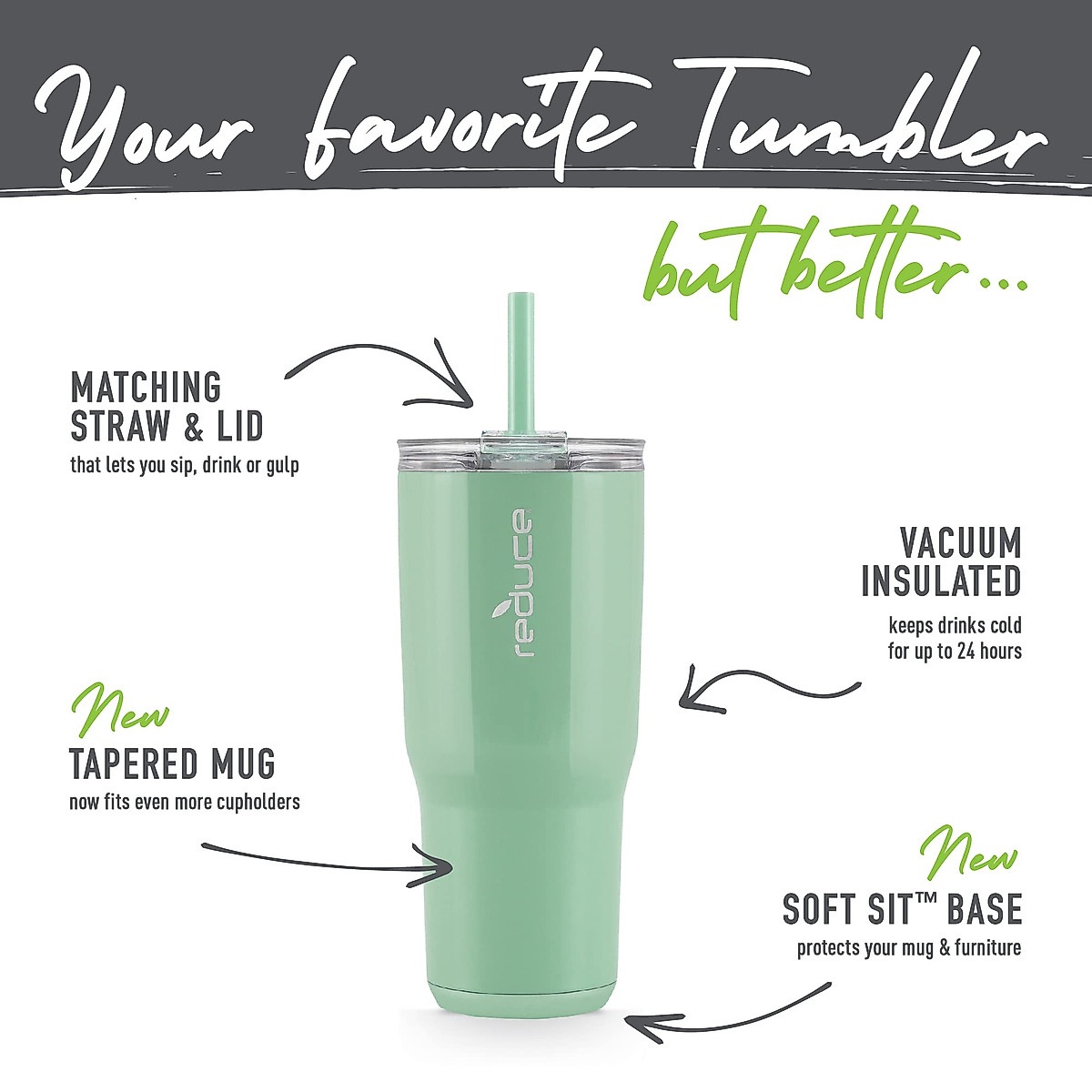 REDUCE Cold1 24 oz Tumbler with Lid and Straw - Dual-Wall Vacuum Insulated Stainless Steel Tumbler - Keeps Drinks Cold up to 24 Hours - Inner Ounce Markings to Track Hydration - OG Matcha