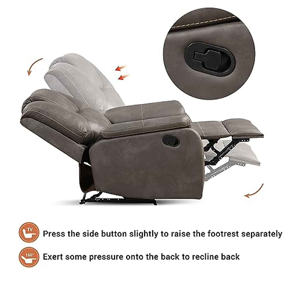 ANJ Manual Recliner Chair with Padded Headrest and Armrest, Overstuffed Reclining Chairs Comfy Faux Leather Recliners Single Sofa for Living Room