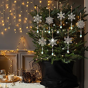 UPINS Snowflake Diamond Art Painting Kits, 8 Pcs 5D Christmas Diamond Art Ornaments DIY White Crystal Wind Chimes Ornaments for Christmas Tree Hanging Decor