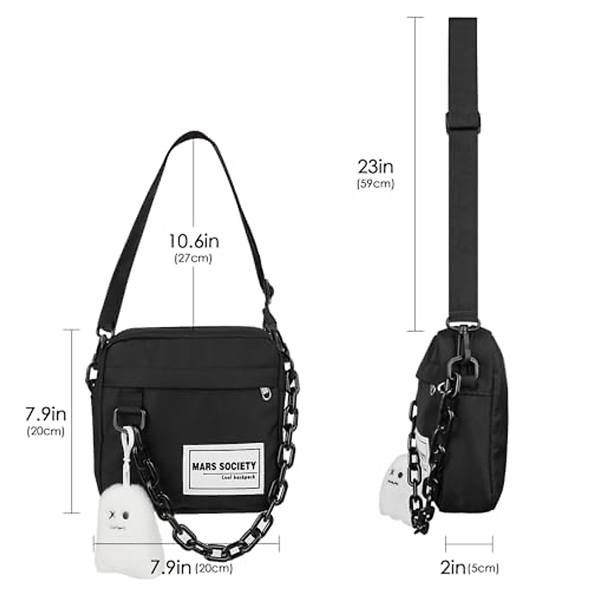 HappyLily Small Crossbody Messenger Bags for Women Men, Nylon Shoulder Pouch Bag, Crossbody Purse with Cute Detachable Ghost Decorate (Black)