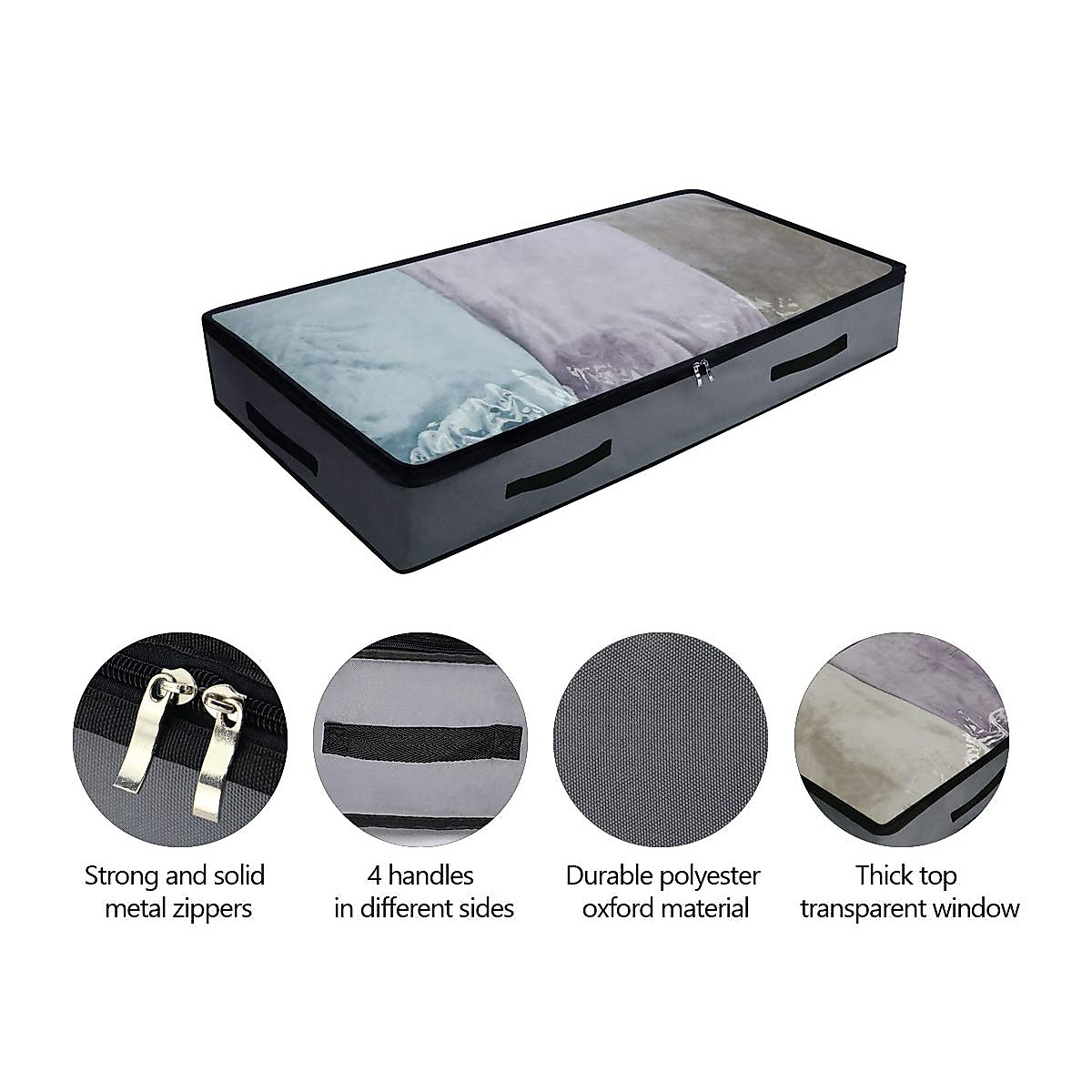 AMJ 3 Pack Underbed Storage Bags, Transparent Zip Lid Under Bed Storage Bags, Foldable Under-Bed Storage Bags and Containers, Dark Gray