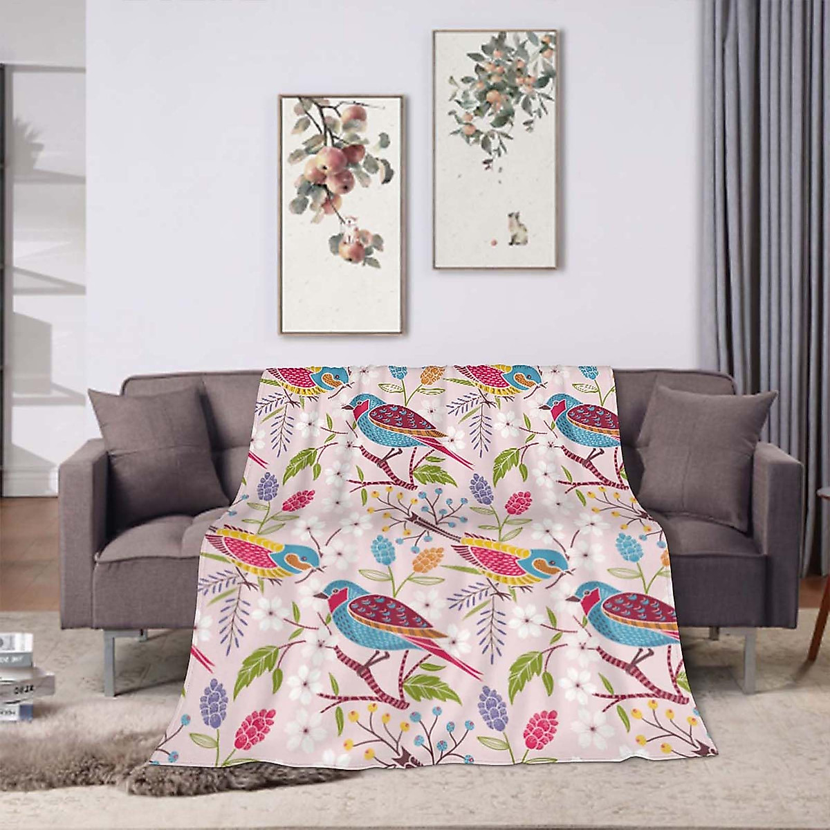 Throw Blanket 50x60 Inch,Bird Flower Floral Summer Flannel Soft Cozy Fluffy Throw Blankets and Warm Throws for Adults in Couch Sofa Bed 60x50 Inch