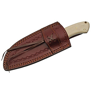 Szco Supplies 8.5" Damascus Steel Bone Handle Hunting Knife with Sheath, White/Turquoise (DM-1275)