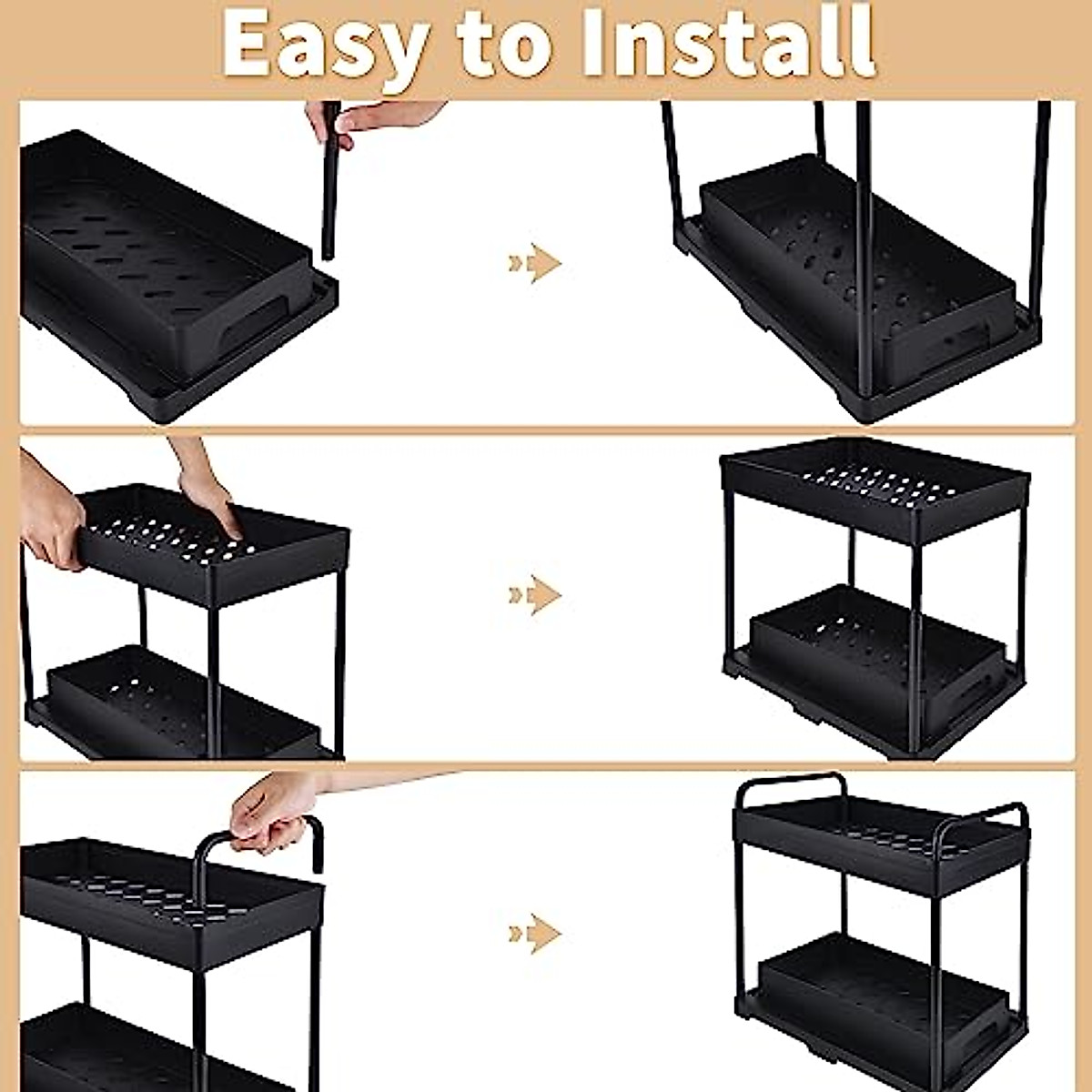 2 Pack Under Kitchen Sink Organizers Storage, 2-Tier Sliding Under Bathroom Cabinet Storage Drawer Organizer with Hooks, Hanging Cup, Handles, multi-purpose Under Sink Shelf Organizer, Black