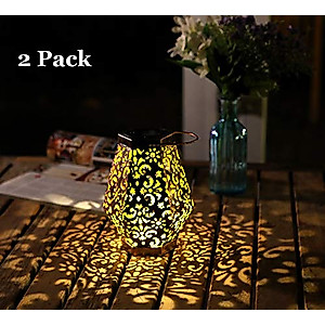 WSgift 2 Pack Hanging Solar Lantern Metal LED Table Lamp Outdoor Solar Hollow-Out Lights with Handle, 6 lumens, 5.5 x 5.5 x 7.5 Inch, Antique Bronze
