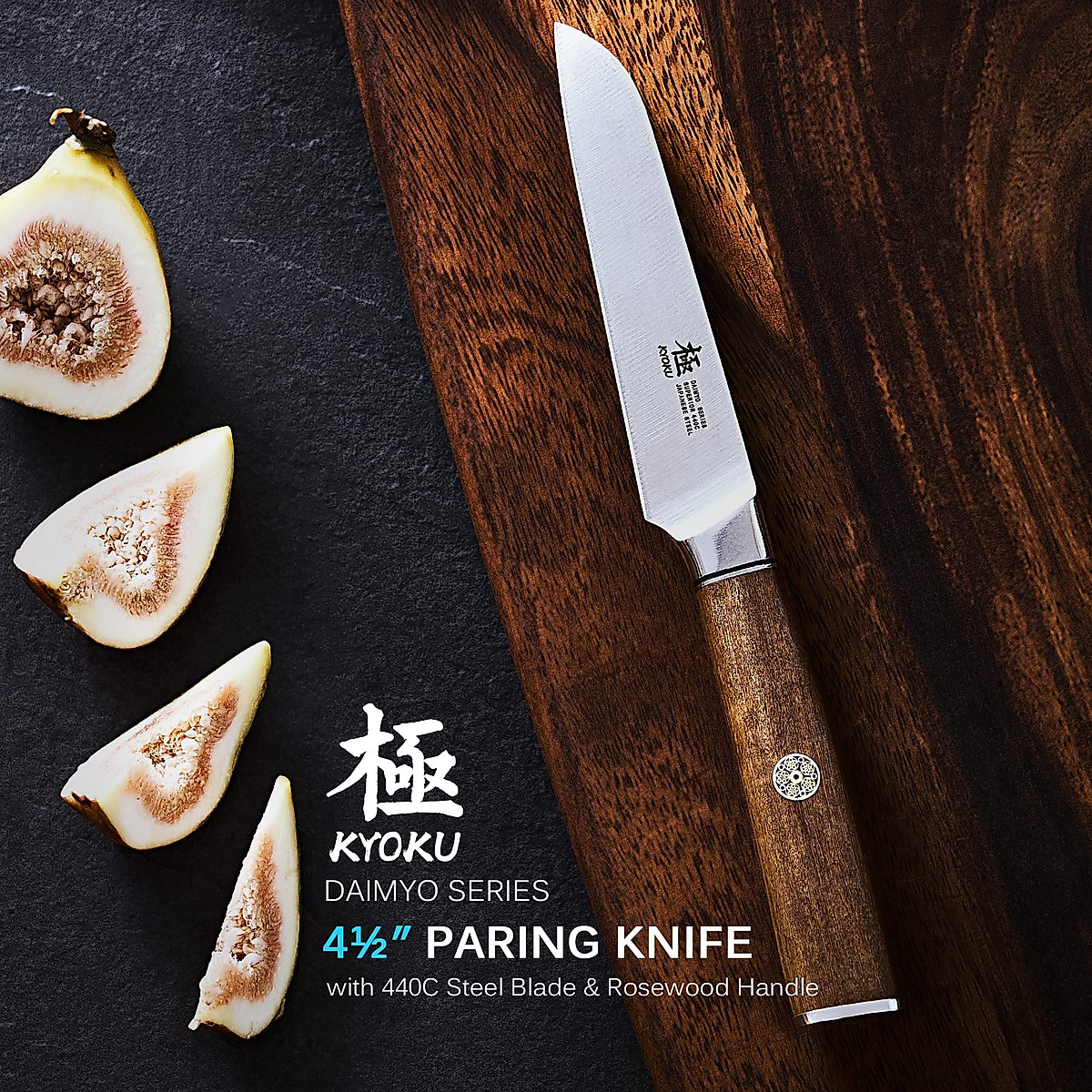 KYOKU Daimyo Series 7" Santoku Knife + 4.5'' Paring Knife + 5'' Utility Knife - Japanese 440C Stainless Steel - Rosewood Handle