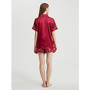 Honypove Silk Satin Pajamas for Women Super Soft Short Sleeve Womens Pajamas Sets Button-Down Sleepwear Pj Sets (Small, Wine Red)