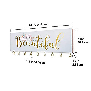 SANY DAYO HOME Hello Beautiful Wall Mount Necklace Holder Organizer with 9 Jewelry Hooks for Ring, Hair Bow, Headband, Purse - Wall Decor for Girls Room