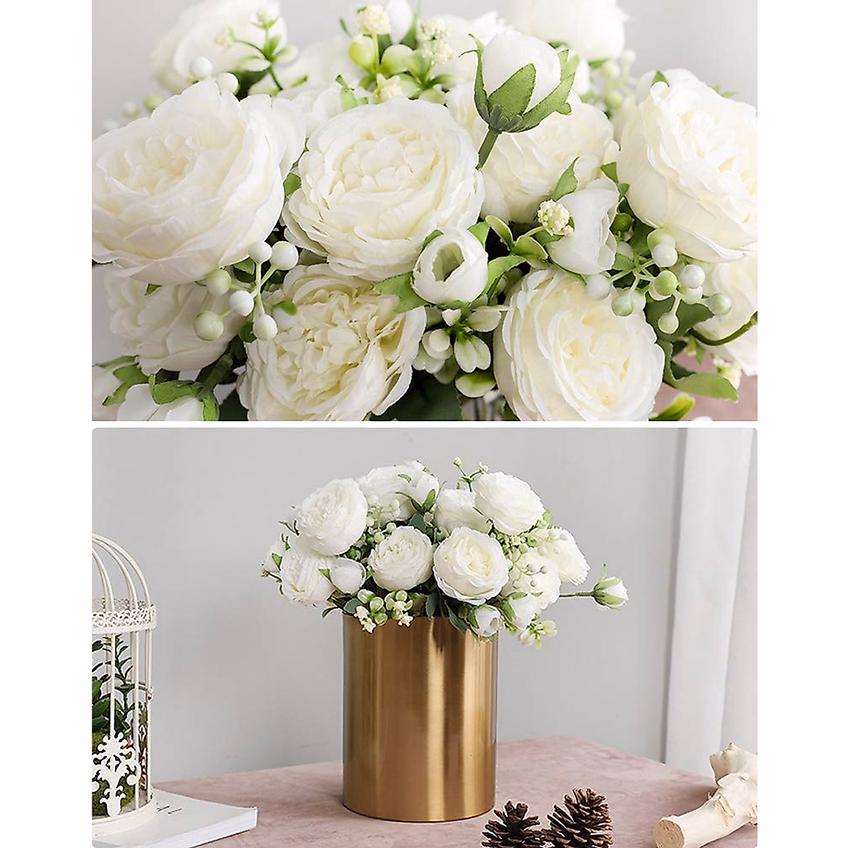 AIPOKE Artificial Persian White Rose 4pcs Bouquet with 20 Heads White Flowers for Home Garden Decor Wedding Party