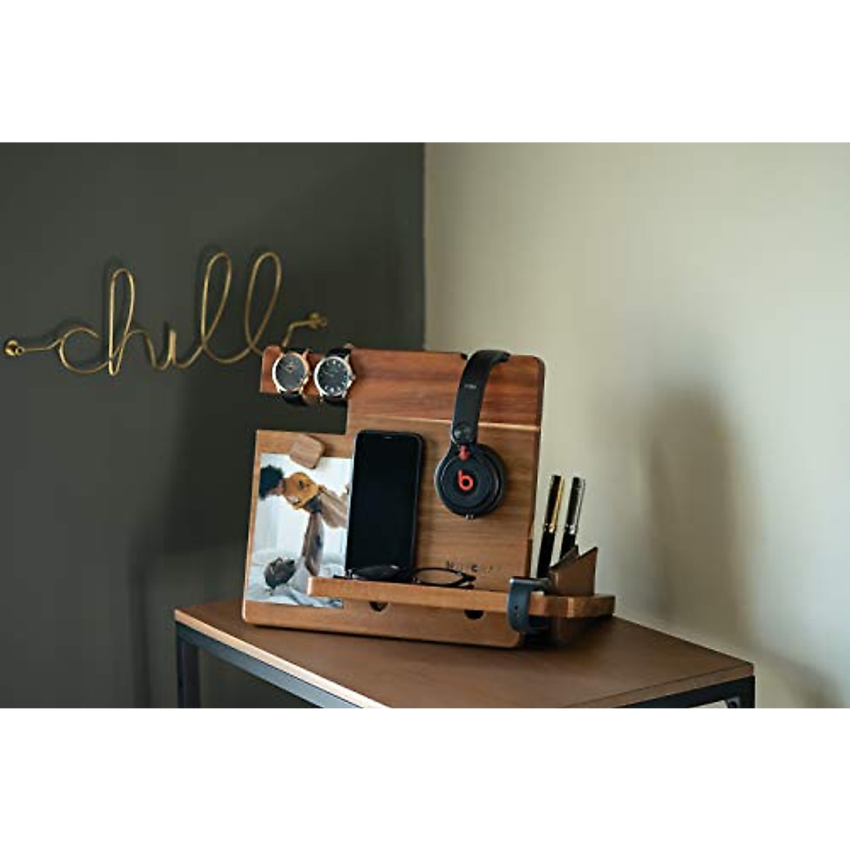 WUTCRFT - Wood Docking Station/Nightstand Organizer with Headphone Stand, Smart Watch Charging Slot, Photo Holder, and Accessory Holder, Perfect for Desk Organizer/Gifts for Men (Dark)