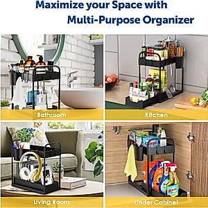 WIOSKE Space-Saving Under-Sink Organizer, Foldable, Plastic Material, Black Color, 4 Side Hooks, Small Hanging Storage Box, Maximizes Vertical Space, Easy Assembly, Sliding Drawer