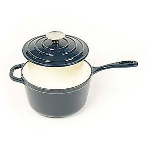 HAWOK Enameled Cast Iron Saucepan, 2QT Saucepan with Lid and Long Handle, Navy blue