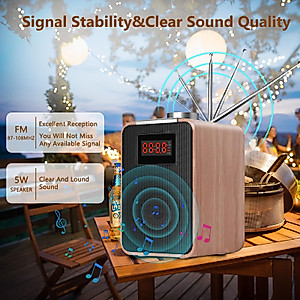 Bluetooth Fm Radio, Retro Radio Plug in Wall Vintage Wooden Bluetooth Speaker Portable Shortwave Radio with LED Display, 2000mAH Rechargeable with Rotary Knob for Outdoor Indoor Office