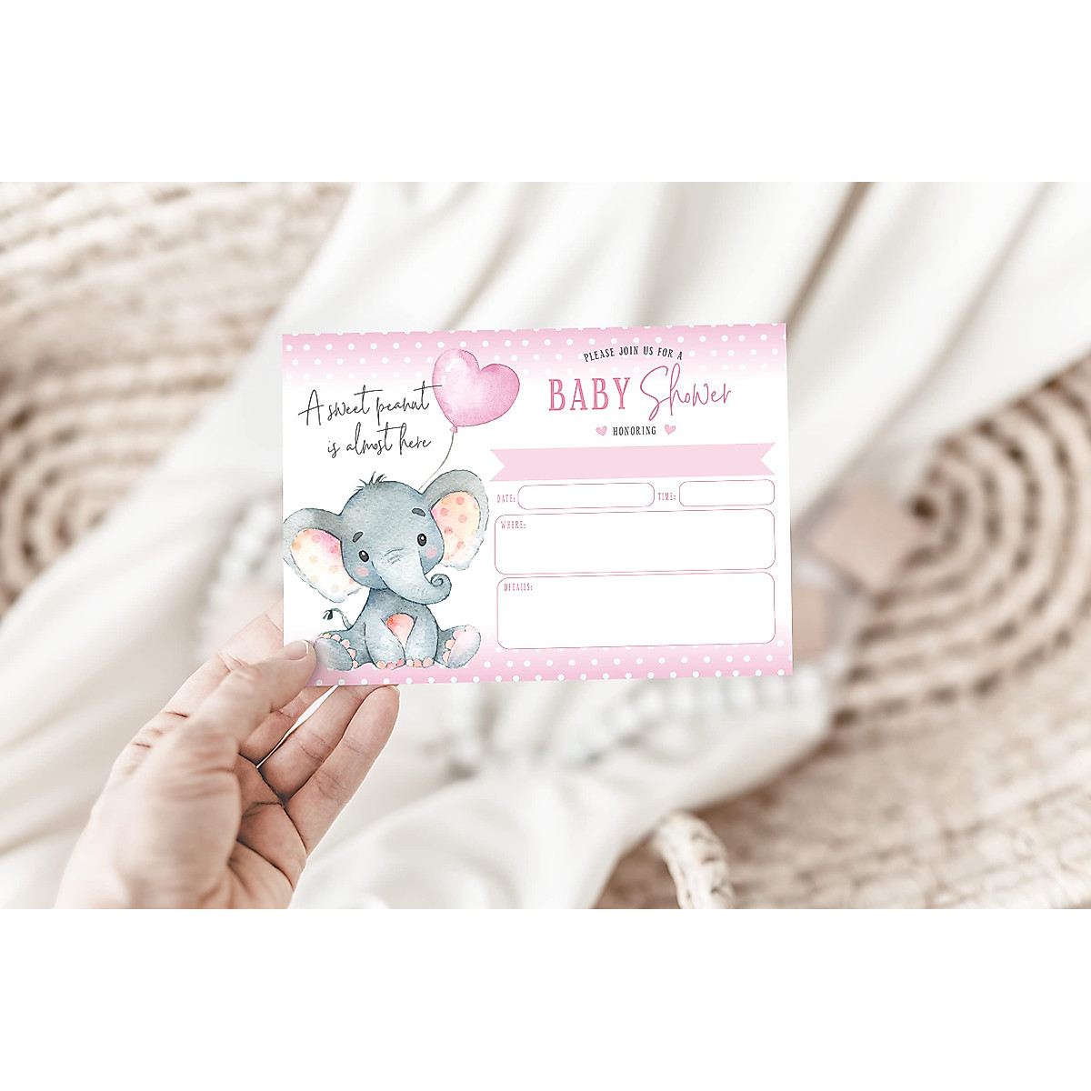 Your Main Event Prints Elephant Girl Baby Shower Invitations, Peanut Baby Shower Invites with Diaper Raffles Cards, Sprinkle, 20 Invites Including Envelopes