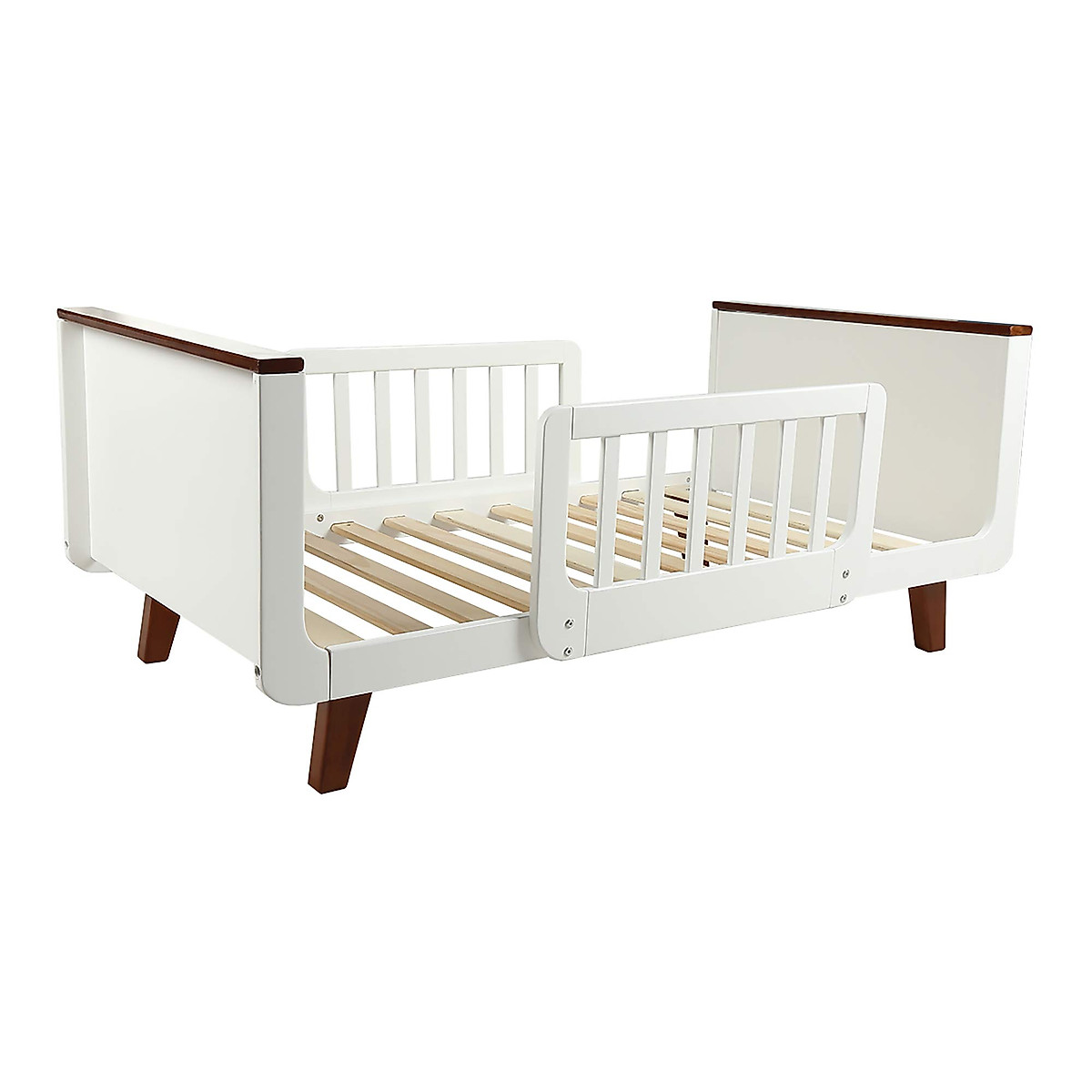 Little Partners MOD Kids Bed - Solid Wood Classic Design Transitional Toddler Bed with Rails for Children's Bedroom with Two Safety Guards, Low-to-Ground Profile (White/Espresso)