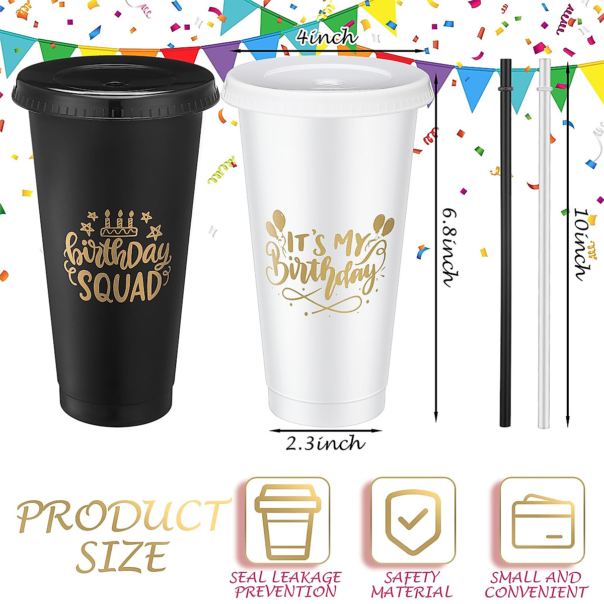 Jingmore Birthday Party Tumblers 24 oz Birthday Squad Plastic Tumblers with Lid and Straw for 20th 30th 40th 50th 60th Birthday Decorations Party Favor for Women Adults(White, Black,6 Pcs)