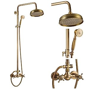 gotonovo Antique Brass Exposed Shower Fixture Set 8 Rain Shower Head 2 Double Knobs Cross Handle Shower Faucet Combo System Unit Set Dual Function