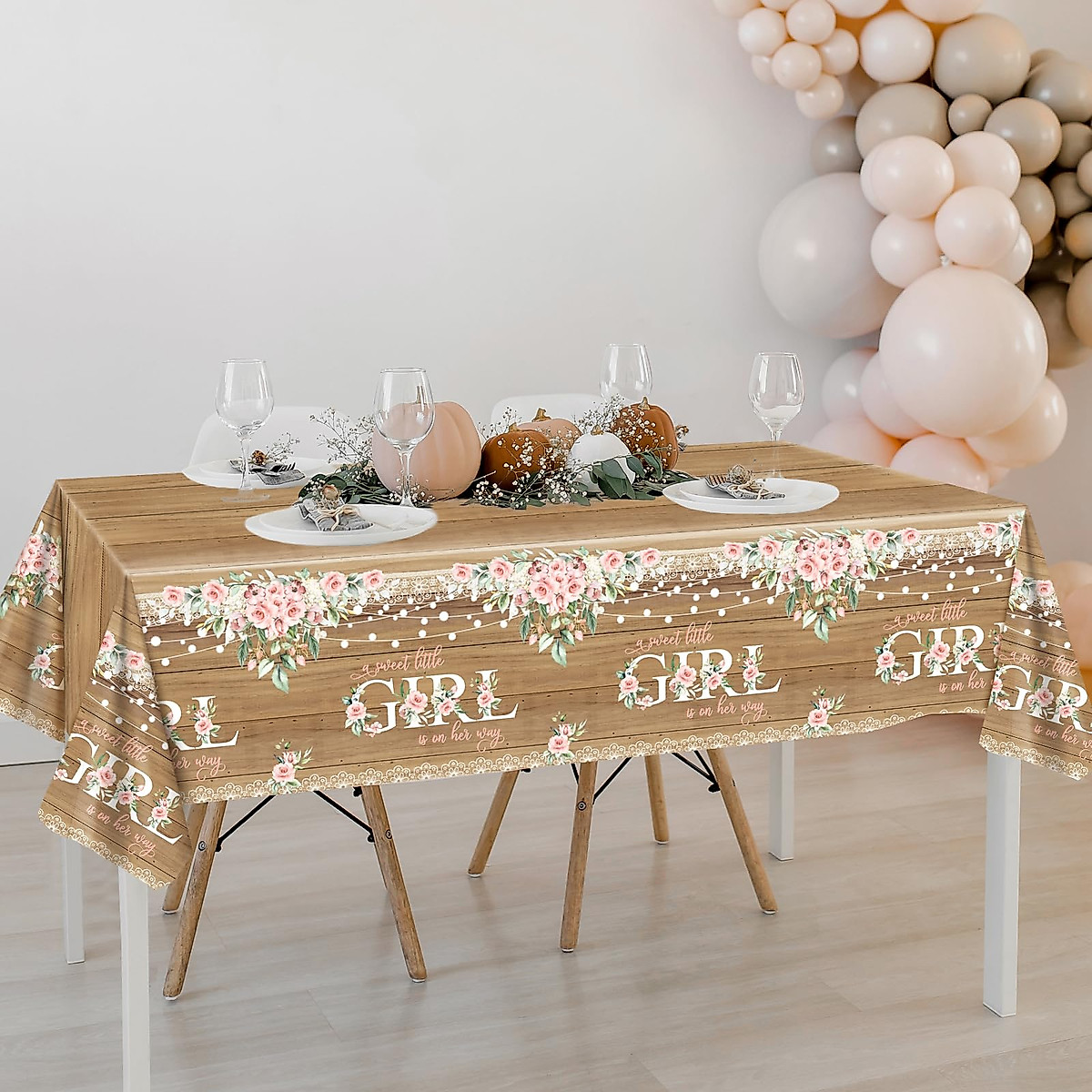 Avezano 3pcs Girl Baby Shower Tablecloth Rustic Girl Baby Shower Party Tablecovers Decorations A Sweet Little Girl is on Her Way Baby Shower Table Cloth Decor Large Size, 108 x 54 Inches
