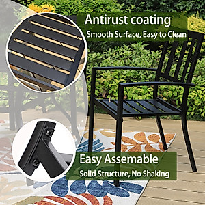 PHI VILLA Patio Dining Stackable Chairs, Outdoor Wrought Iron Furniture Set Bistro Chairs with Armrest,Black (Square Pattern, 4 Set)