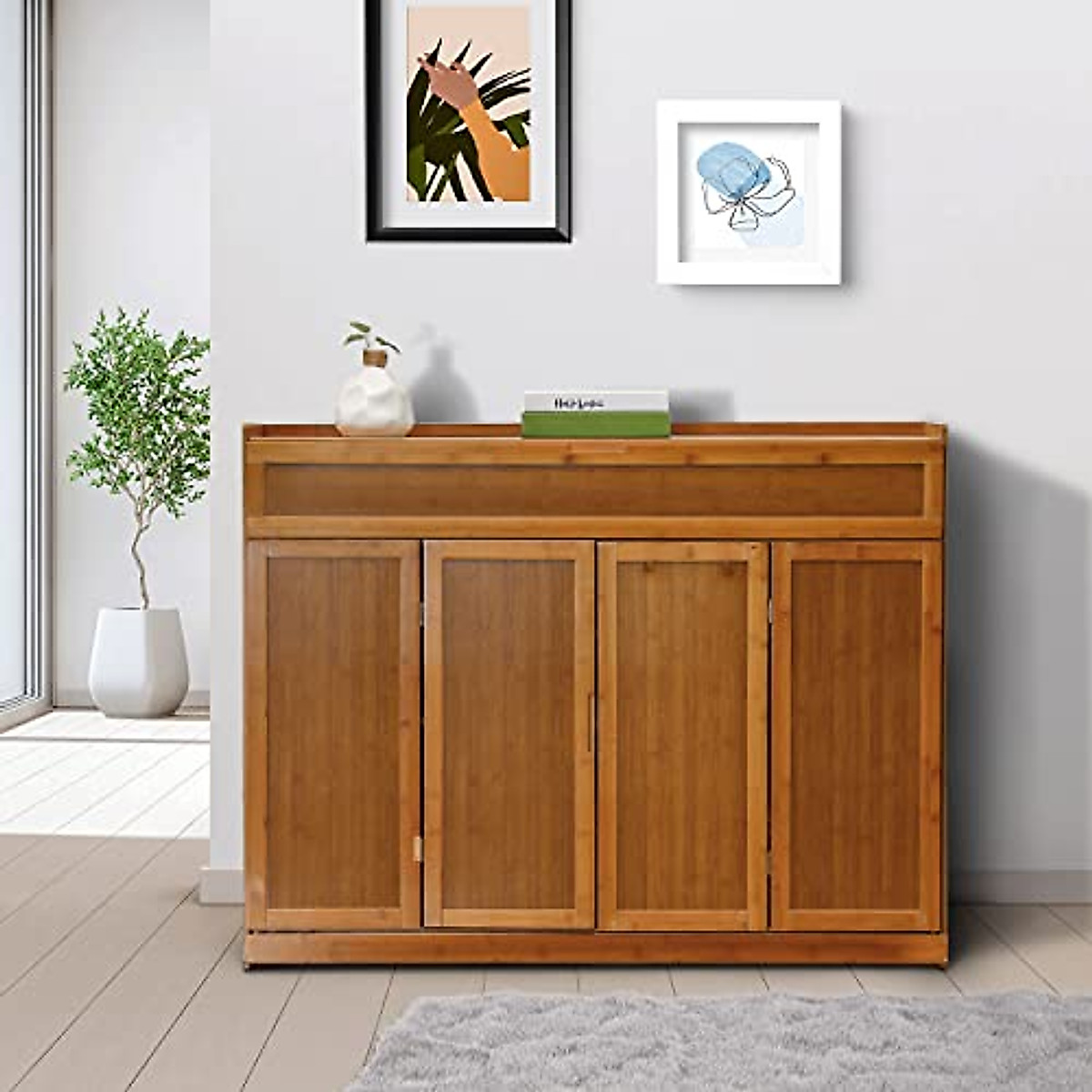 MoNiBloom Bamboo 5 Tier Freestanding Shoe Storage Cabinet Organizer Shelf Stand Unit Up to 25 Pairs for Boots Heels Sneakers Sandals, w/ Doors, Brown