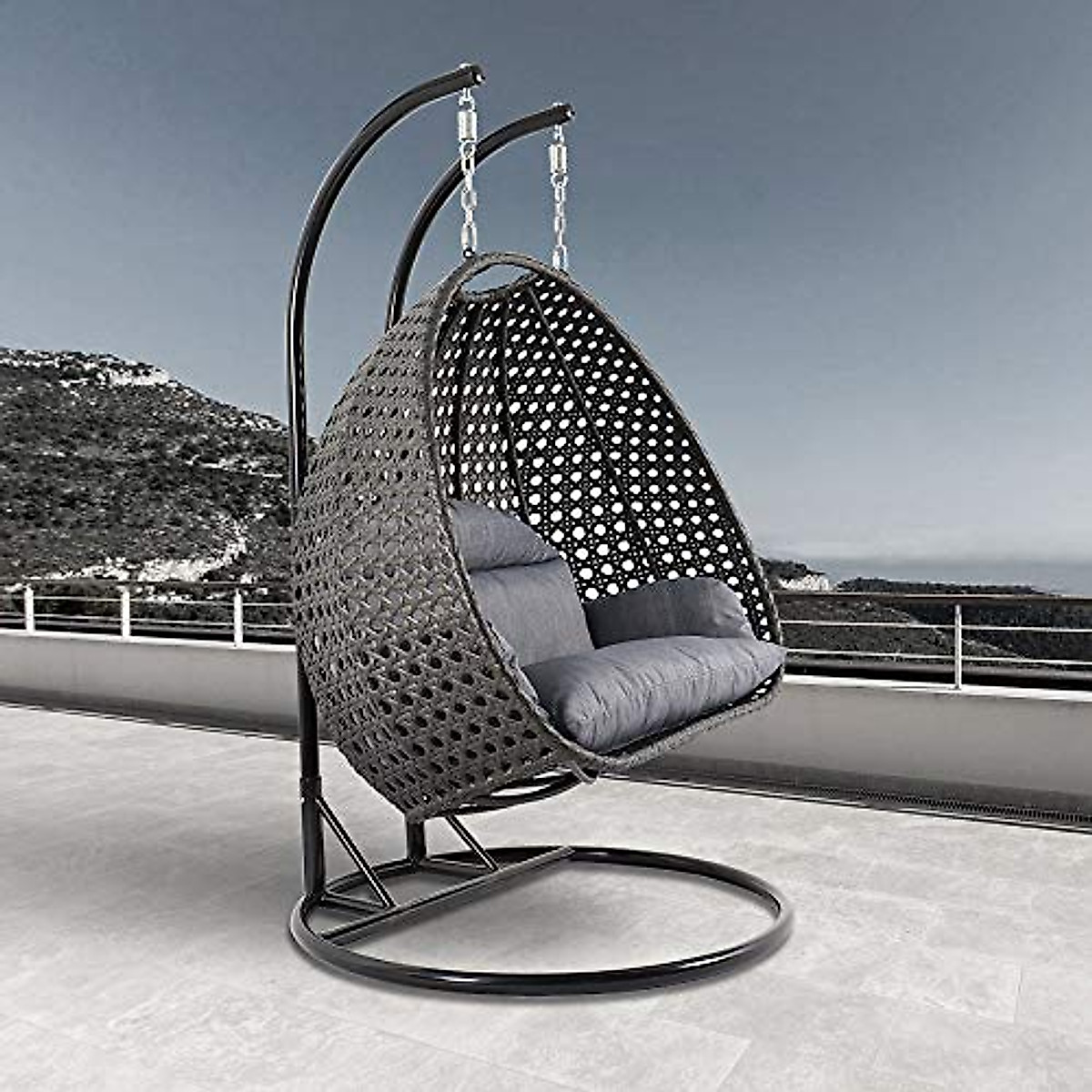 LeisureMod 2 Person Hanging Double Swing Chair, X-Large Wicker Rattan Egg Chair with Stand and Cushion for Indoor Outdoor Patio Garden (Charcoal Blue)