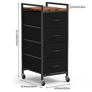 NOVIMANGO Dresser with 4 Drawers Fabric Storage Dresser Small Chest of Drawers for Bedroom Tall Dresser for Closet Nightstand Dresser with Wheels for Living Room, Closet, Nursery Room, Black