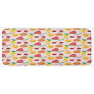 Ambesonne Fruits Kitchen Mat, Smiling Cherry Strawberry Pineapple Orange Watermelon Themed Composition, Plush Decorative Kitchen Mat with Non Slip Backing, 47" X 19", Multicolor