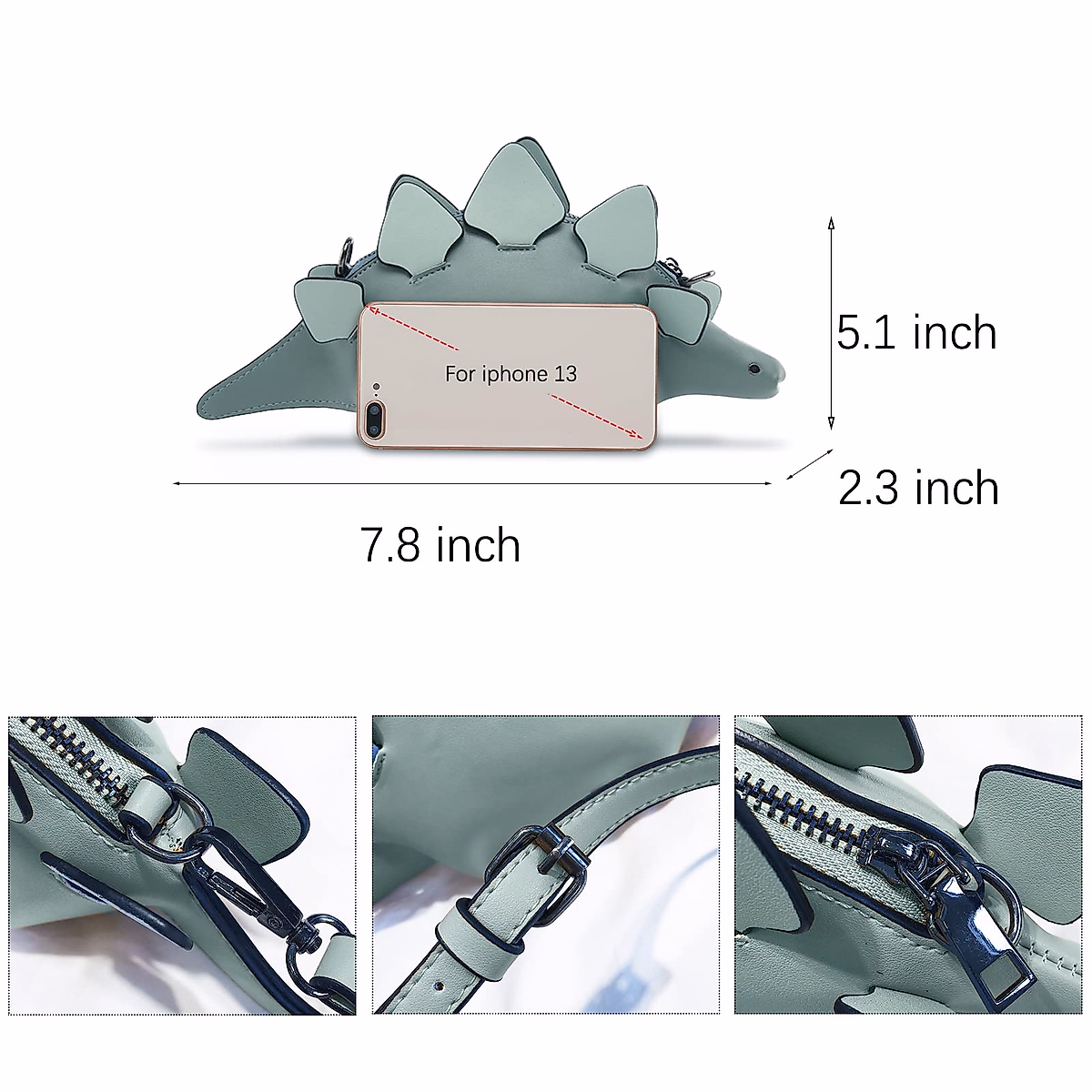 Fozehlad Novelty Dinosaur Shoulder Cross Body Bag for Little Girl, PU Leather Rivet Messenger Handbag for women(PU,Grayish Blue)