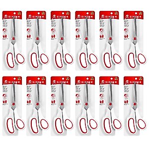 SINGER 8-1/2-Inch Fabric Scissors with Comfort Grip Red & White, 12-Pack