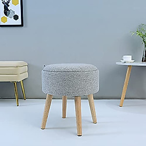 SOFT ASS Multi-Functional Round Storage Ottoman Footrest with Coffee Table Tray, Light Grey Linen with Detachable Wooden Feet/Footstool for Bedroom, Study and Living Room (Light Grey1)