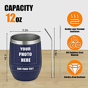 Personalized Custom Wine Tumbler - 12oz Stainless Steel Customized Coffee Mug with Lid & Straw, Double Walled Insulated Cup with Text Picture Name Logo for Hot Cold Drinks Women Men Family (Blue)