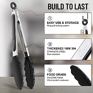 HOTEC Premium Stainless Steel Locking Kitchen Tongs with Silicon Tips, Set of 2-9" and 12"