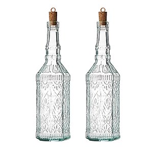 Bormioli Rocco Set Of 2 Country Home Fiesole Bottle, 24-ounce With All Natural Cork Lid, Blue-green Tinted Star Glass, Elegant And Floral Design Made In Italy.