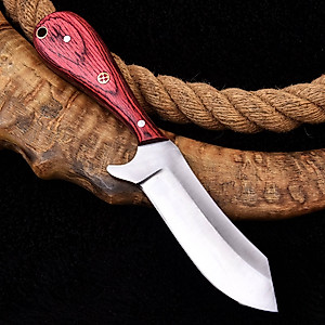 Wolf Craft Handmade 1095 High Crabon Steel Steel Bull Cutter Knife, Fixed Blade Cowboy Knife, Hand Made Hunting Knives EDC bull Cutter CamPing knife Gifts For Men - Red Wood Handle With Leather Sheath (Red wood)