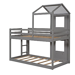 MERITLINE House Bunk Bed for Kids,Twin Over Twin Wood Bunk Bed with Ladder,House-Shaped Bed with Window for Girls Boys,No Box Spring Needed(Grey)