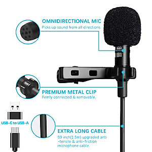 IUKUS USB Type C Lavalier Lapel Microphone,[DAC Chip] Professional Omnidirectional USB-C Lavalier Microphone with Easy Clip On System Compatible with IP@d Pro 2018 2019 Go0gle Pixel 2 3 XL M0to Z