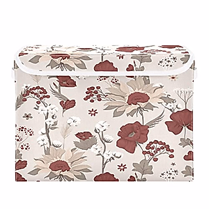 Kigai Vintage Red Flowers Storage Bins with Lids and Handles 17x13x12 In Foldable Fabric Storage Basket Toys Clothes Organizer for Shelves Closet Home Bedroom Office