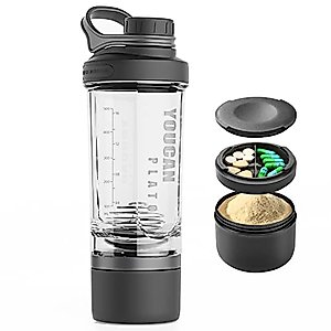 21oz Protein Shaker Bottle with Powder Storage Container-Shaker Cups for Protein Shakes-pre workout bottle-Mixer Cup-Gym Sport Water Bottle -Made with Tritan BPA Free,with Wire Whisk Balls (Black)