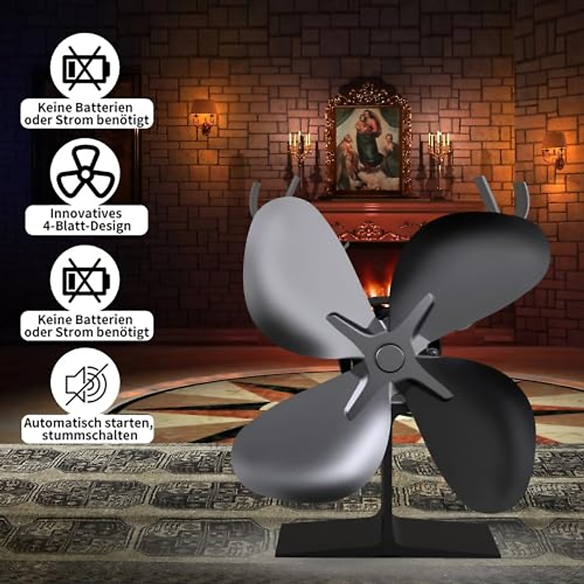 Surakey Wood Stove Fan for Heater, Heat Powered 4 Blade Non Electric Fireplace Fan with Bracket Reindeer Shape Heater, for Wood Log Burner Stove/Fireplace Camping Outdoor/Indoor Use (Green)