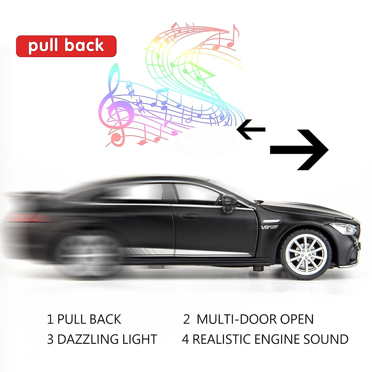 WAKAKAC 1/32 Benz AMG GT63 Model Car Alloy Diecast Pull Back Toy Car with Sound and Light Door Can Be Opened Toy Vehicle for Kids Gift(Black)