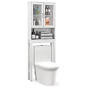 Safeplus Over The Toilet Cabinet, Bathroom Storage Organizer with Double Tempered Glass Doors and Adjustable Shelf, Freestanding Toilet Rack for Bathroom Storage, White