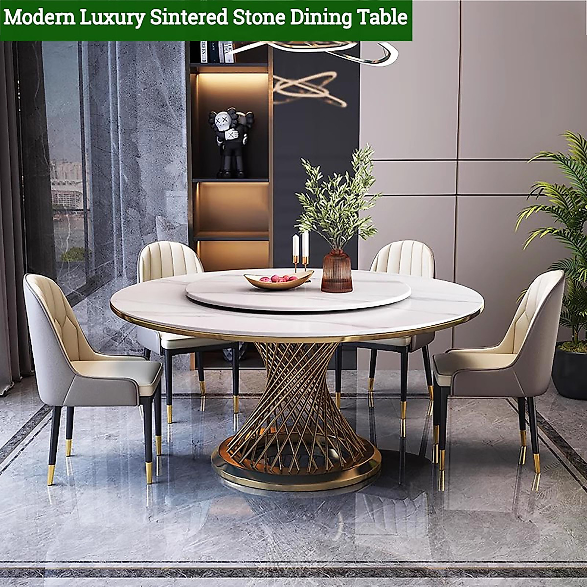 Round Sintered Stone Dining Table with Lazy Susan,Modern Kitchen & Dining Room Tables with Metal Metal Base,Circular Marble Pedestal Dining Table - Table Only(59.1" L x 59.1" W x 29.5" H, Gray)